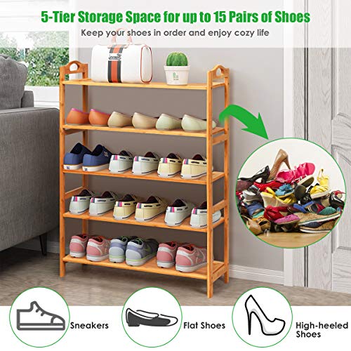 Giantex Bamboo Shoe Rack 5 Tier, Freestanding Shoe Rack with Two Rounded Handle for 15 Pairs, Entryway Standing Shoe Storage Organizer for Kitchen, Living Room, Entryway (5-Tier)