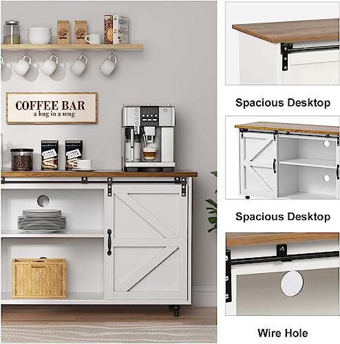 Farmhouse Coffee Bar Cabinet with Storage, 58ββ Kitchen Sideboard Buffet Storage Cabinet with Sliding Barn Door, White Cabinet with Adjustable Shelves, Buffet Table for Living Dining Room
