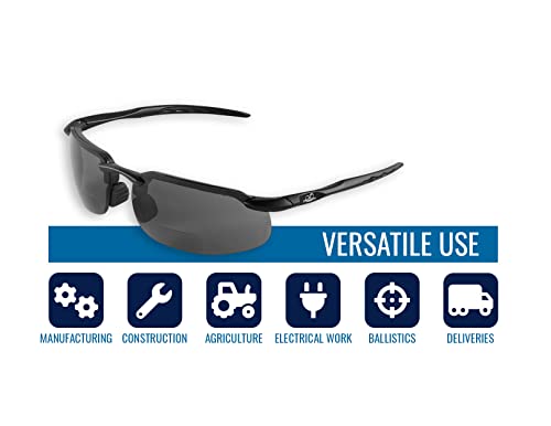 Bullhead Safety Swordfish Bifocal Safety Glasses, 2.0 Diopter, ANSI Z87+, Reader Glasses with UV Light Protection and Anti-Scratch Coating, Smoke Lenses, Matte Black Frame