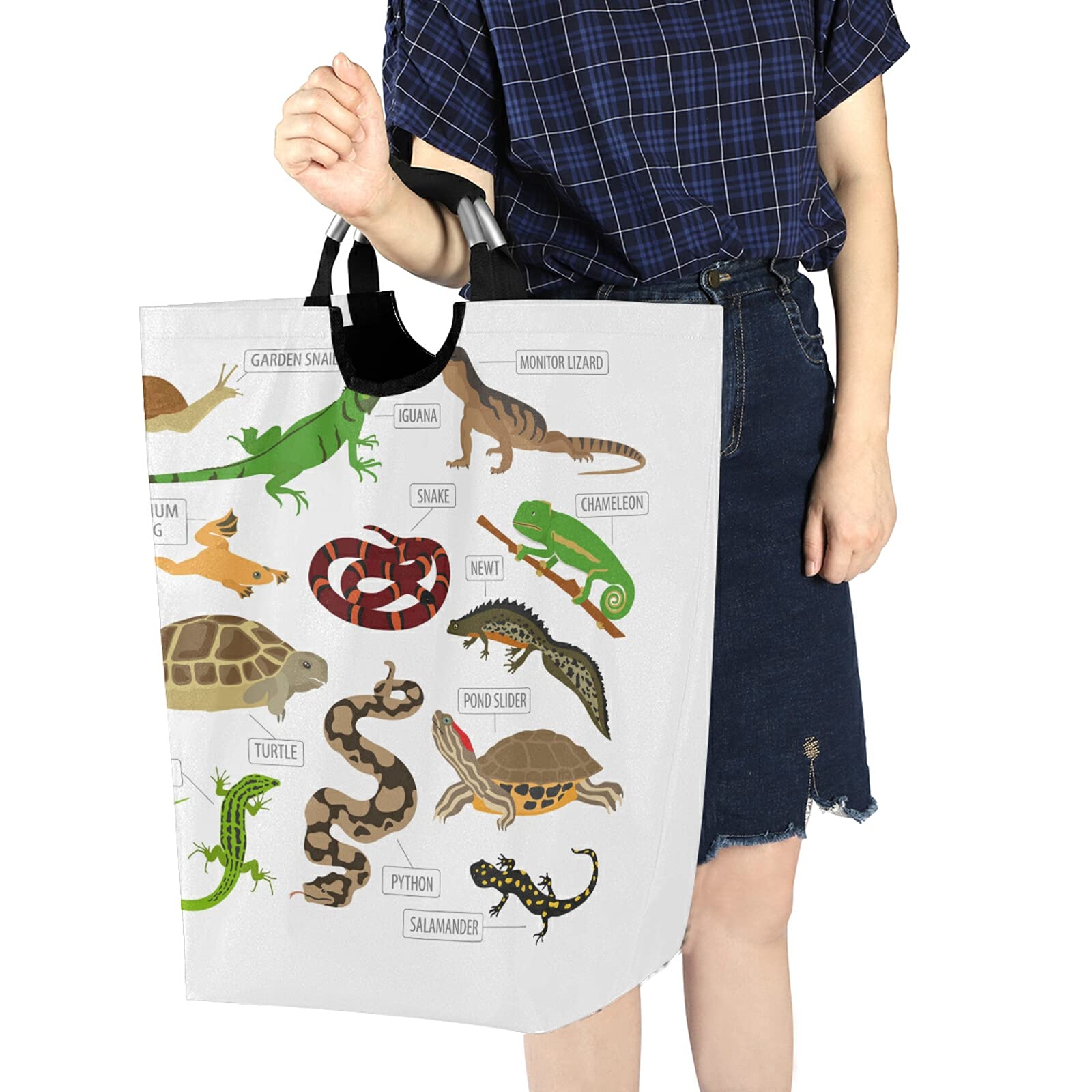 Green and Brown Pet Reptiles Frog Iguana Lizard Snake Newt Turtle Laundry Hamper Basket Bucket, Foldable Dirty Clothes Bag, Waterproof Fabric Washing Bin, Toy Storage with Handles for Bathroom