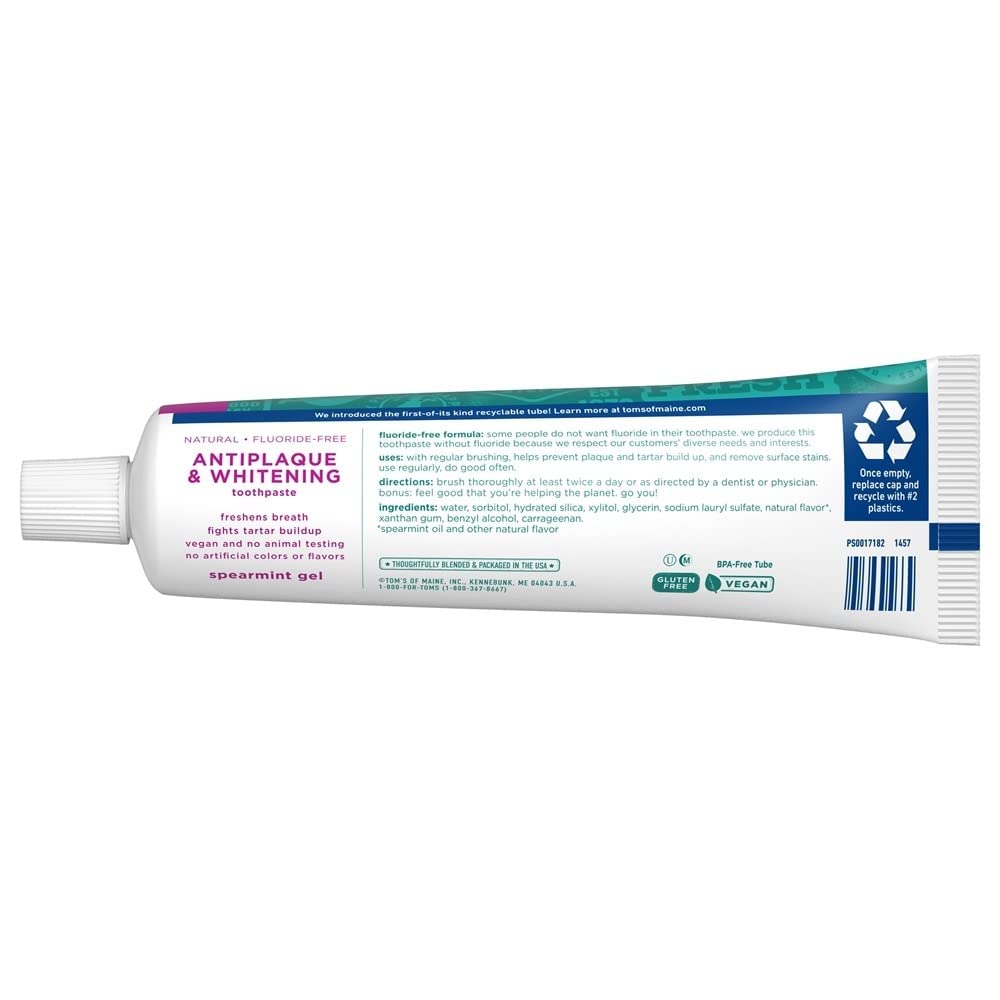 Tom's of Maine Antiplaque Plus Whitening Gel, Spearmint 4.7 oz (Pack of 4)