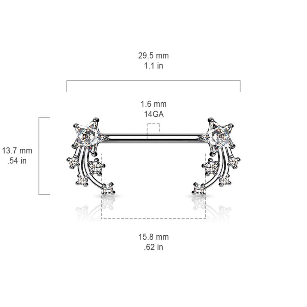 BODY DAZZ Pair of 14G-16mm Shooting Stars Surgical Steel Nipple Ring Barbells (Pink)