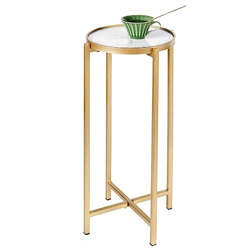 DOWLVN Gold Marble Snack Drink Accent Table, Small Round Side End Table for Living Room Bedroom Small Space, 11" D x 24" H