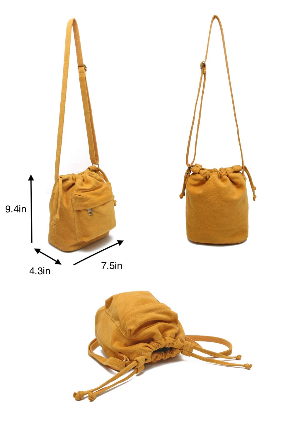 Jeelow Small Canvas Bucket Crossbody Cellphone Bags Drawstring Purses For Men & Women (Black Drawstring)