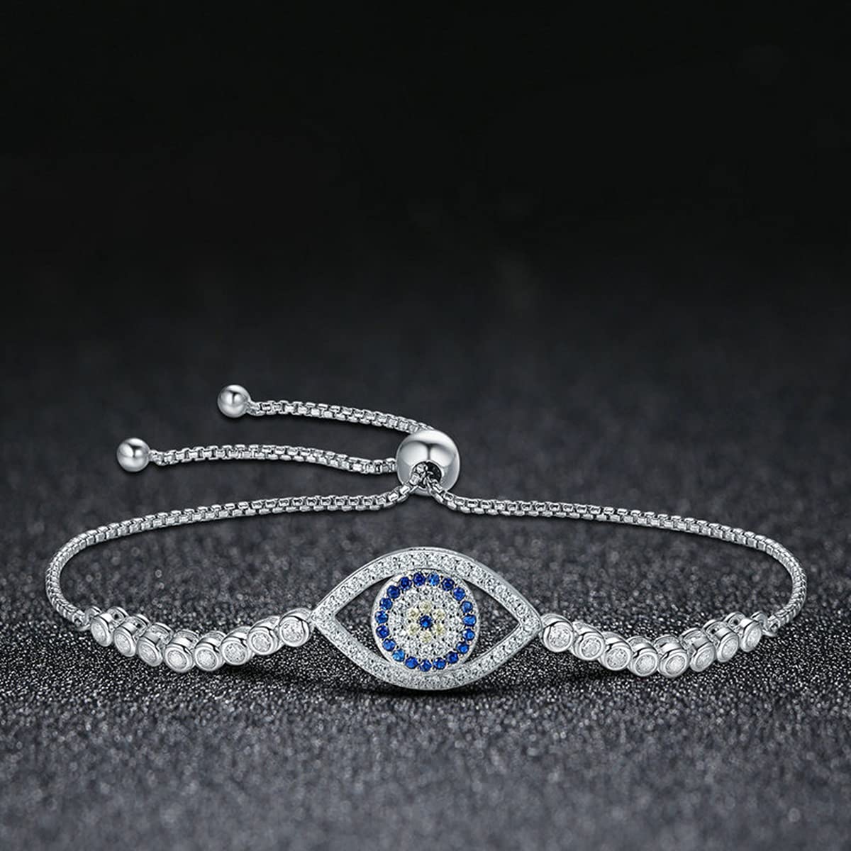 BISAER 925 Sterling Silver Blue Evil Eye Bracelet with Cubic Zirconia Adjustable Chain Bracelets for Women
