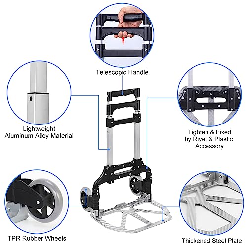Double Rhombus Folding Hand Truck Dolly Cart, 330 Lbs Load Capacity Aluminium Trolley Cart with Telescoping Handle, 2 Rubber Wheels, Bungee Cords for Luggage, Travel, Moving, Shopping, Office Use