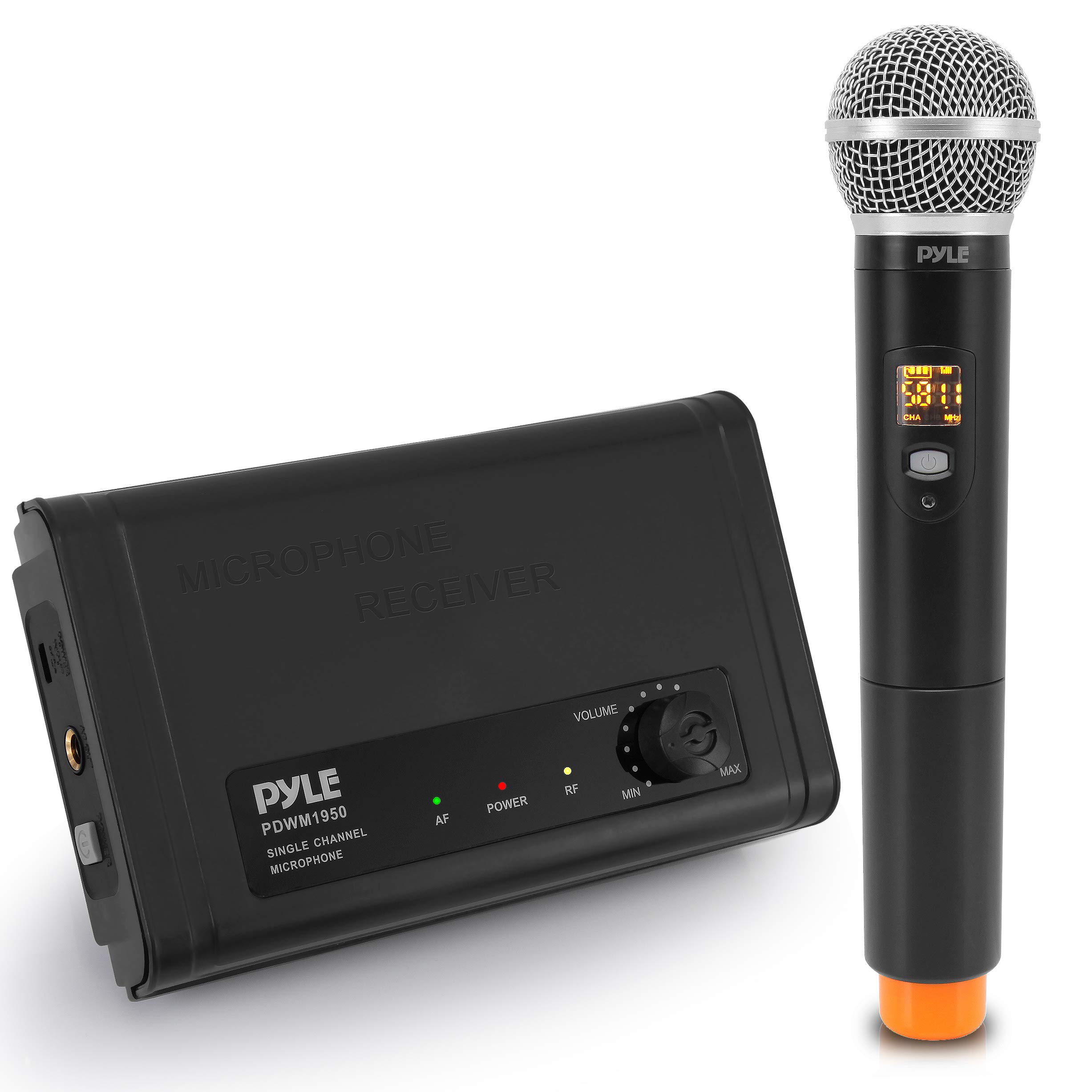 PYLE Compact UHF Wireless Microphone System - Pro Portable Single Channel Desktop Digital Mic Receiver Set w/ 1 Handheld Mic, Receiver Base, USB Cable, Battery, for Home, PA, Karaoke, DJ PDWM1950