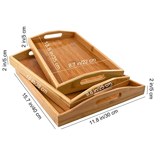 Enkrio Wood Serving Tray 3 Pack Food Tray with Handles Serving Tray Breakfast Tray Coffee Table Tray for Coffee Food Breakfast Dinner