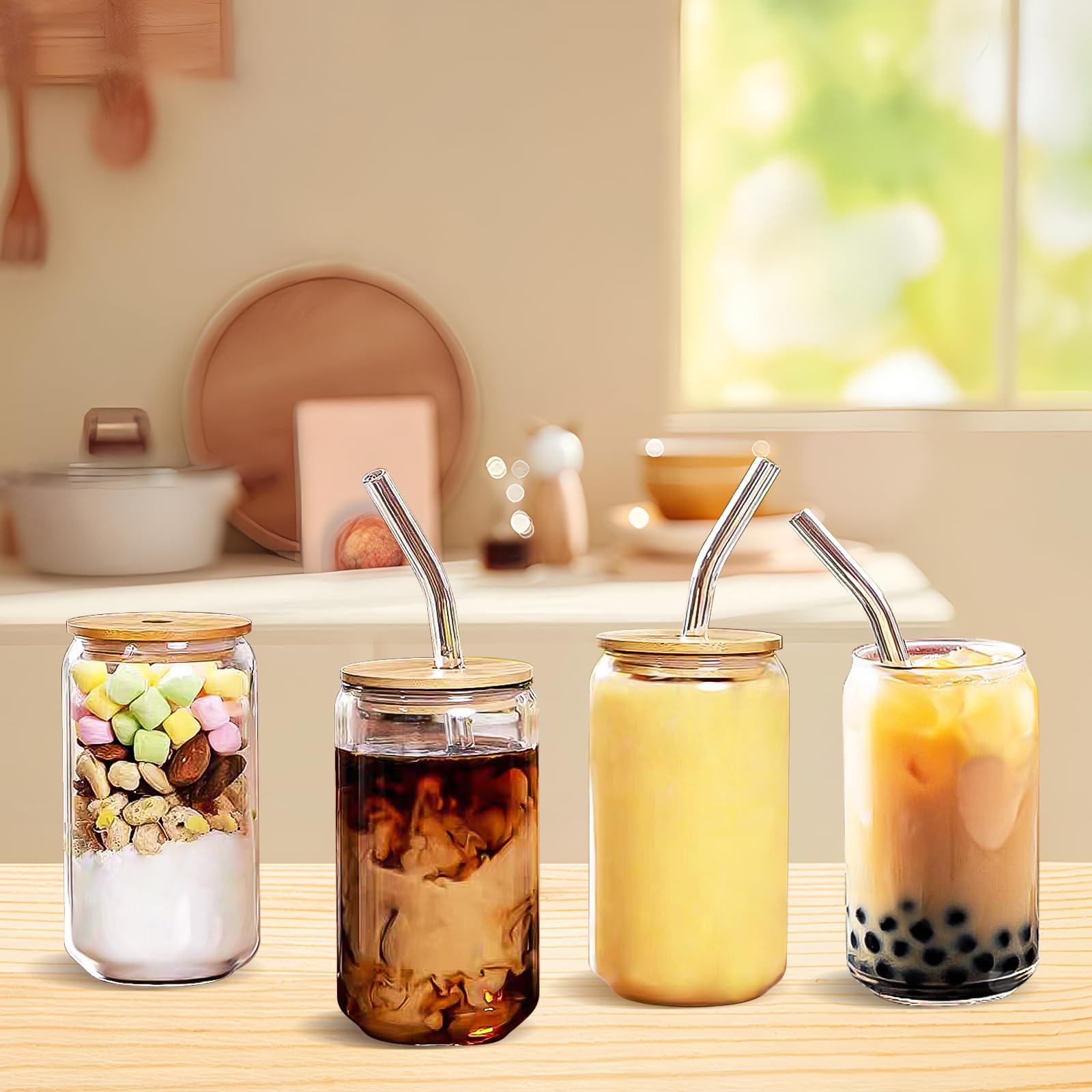 Drinking Glasses with Bamboo Lids and Glass Straw-16oz Can Shaped Glass Cups,Beer Glasses,Iced Coffee Glasses,Ideal for Cocktail,Whiske,Soda,Bubble Tea,Juicing,Smoothies(12pcs Set+2 Cleaning Brushes)