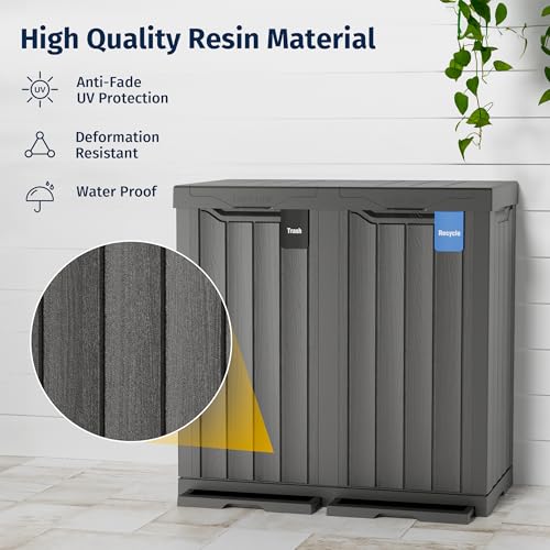 EAST OAK 62 Gallon Outdoor Trash Can, Waterproof Resin Garbage Can with Garbage Sorting Boards, Lid and Tray, Outdoor Waste Bin for Patio, Kitchen, Backyard, Deck, Gray