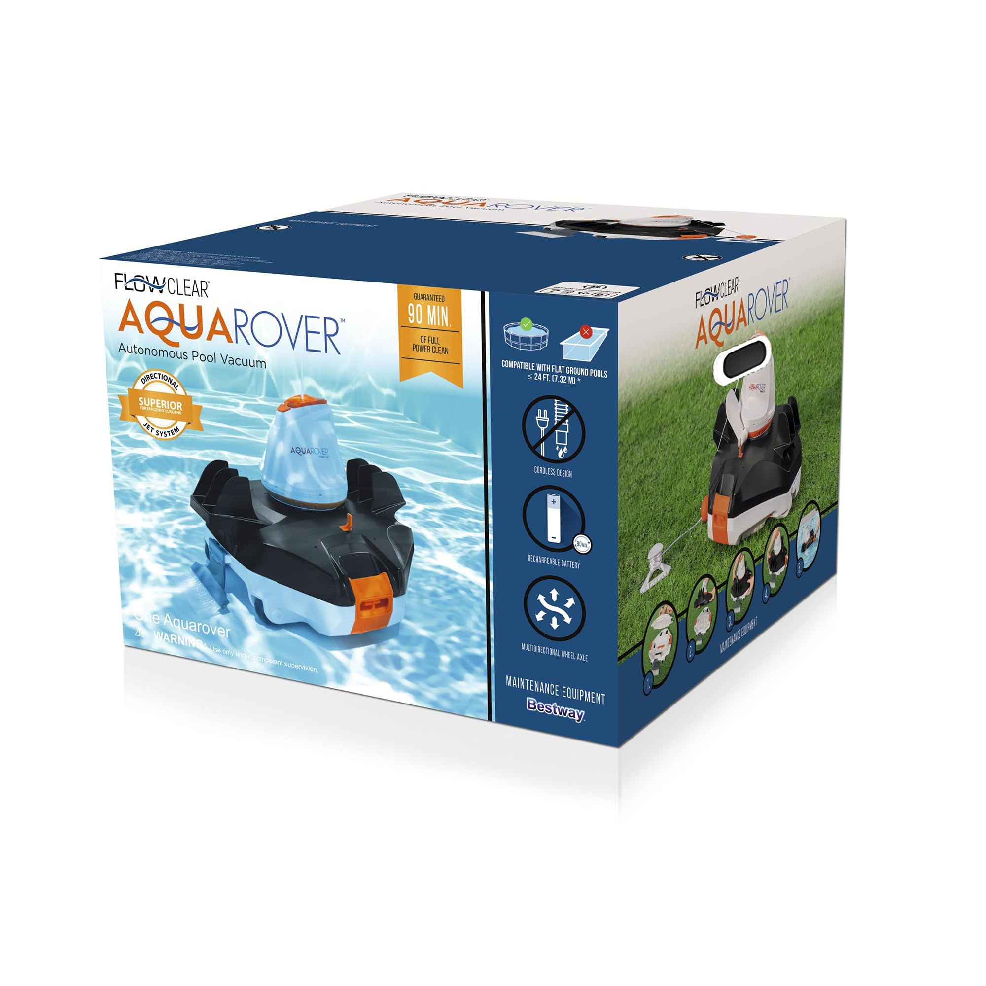 Bestway 58623E Flowclear Aquarover Automatic Swimming Pool Cleaning Cordless Robot Vacuum with Directional Jet System, LED Light, and Water Sensors