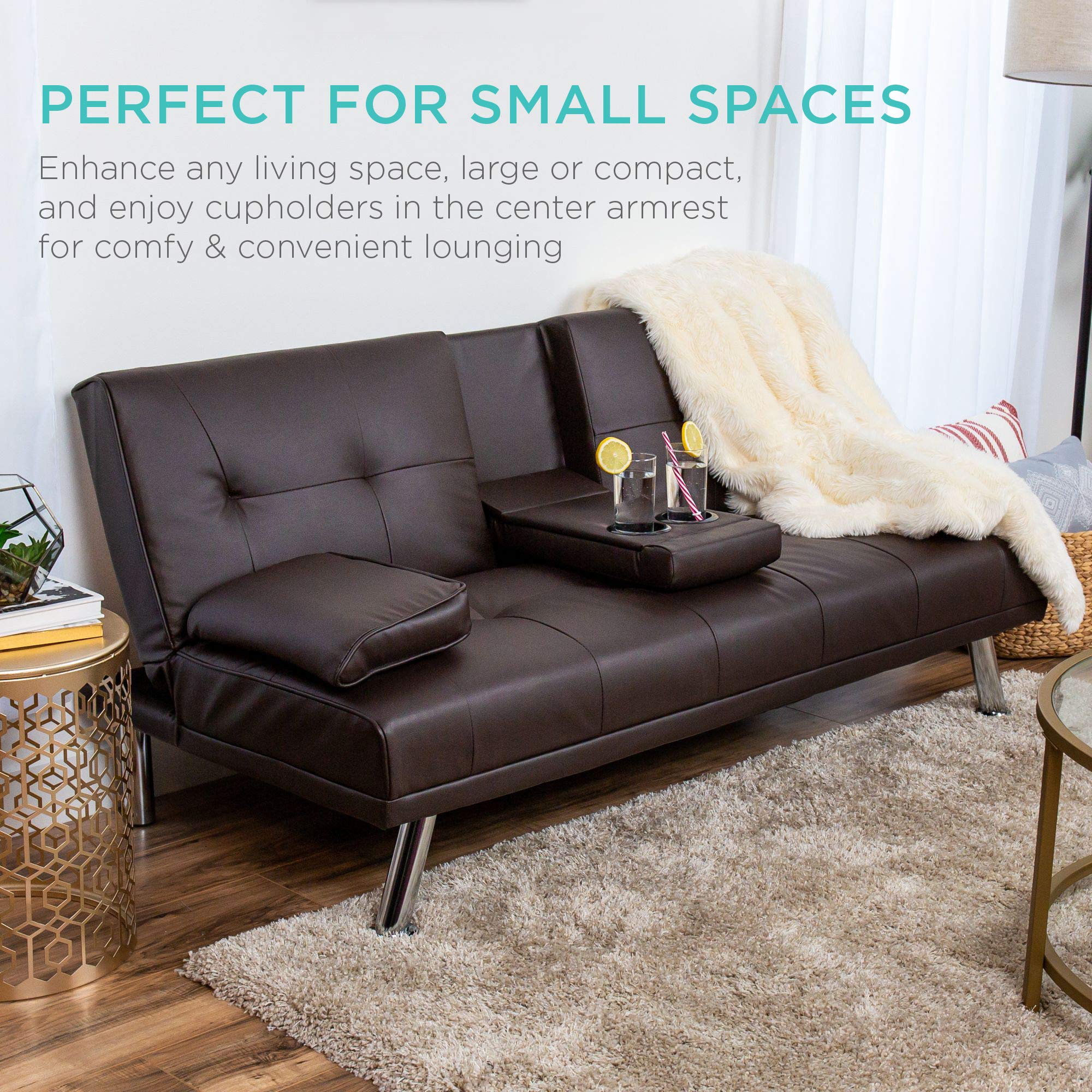 Best Choice Products Faux Leather Upholstered Modern Convertible Futon, Adjustable Folding Sofa Bed, Guest Bed w/Removable Armrests - Brown