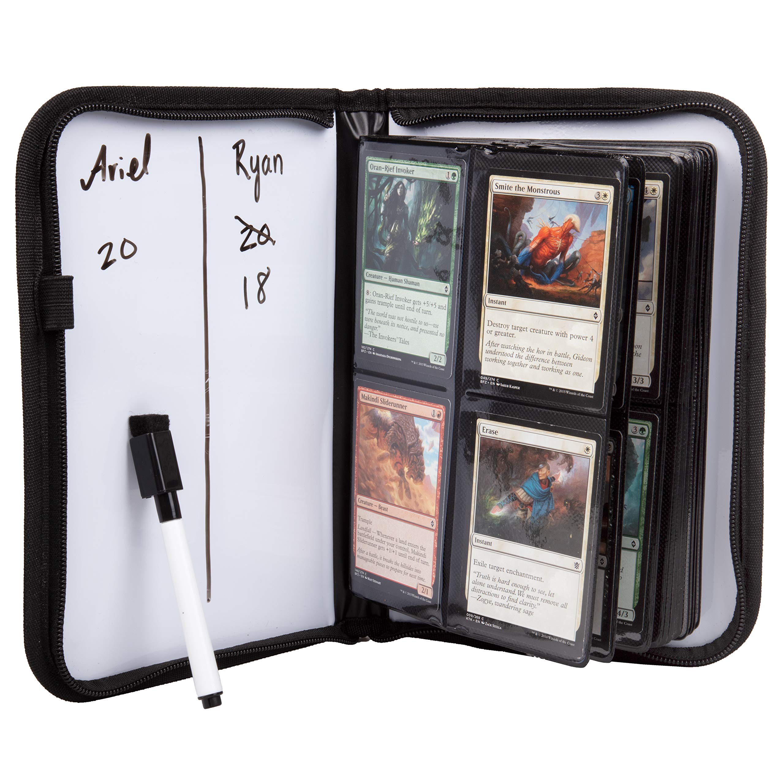 Monster Deluxe 4 Pocket Trading Card Leather Album - Zipper Closure, Built-in Dry Erase Boards and Marker, Side Loading Padded Double Sided Pockets, Holds 160 Cards, For Sport, Gaming, Kpop, Xmas Gift