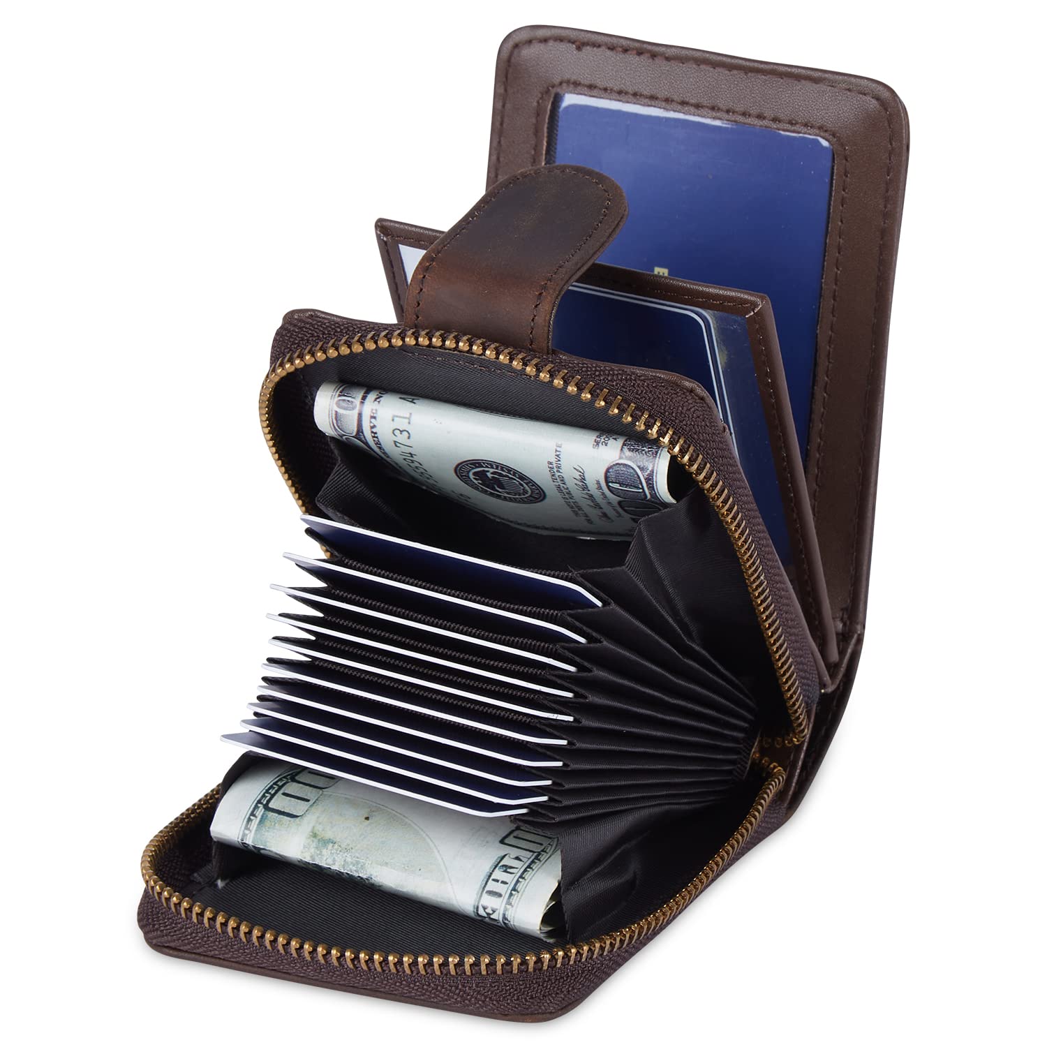 BISON DENIM Card Case Wallet Leather Pocket Wallet RFID Blocking Credit Card Organizer Zip Card Holder for Women Men (Crazy Horse Coffee)