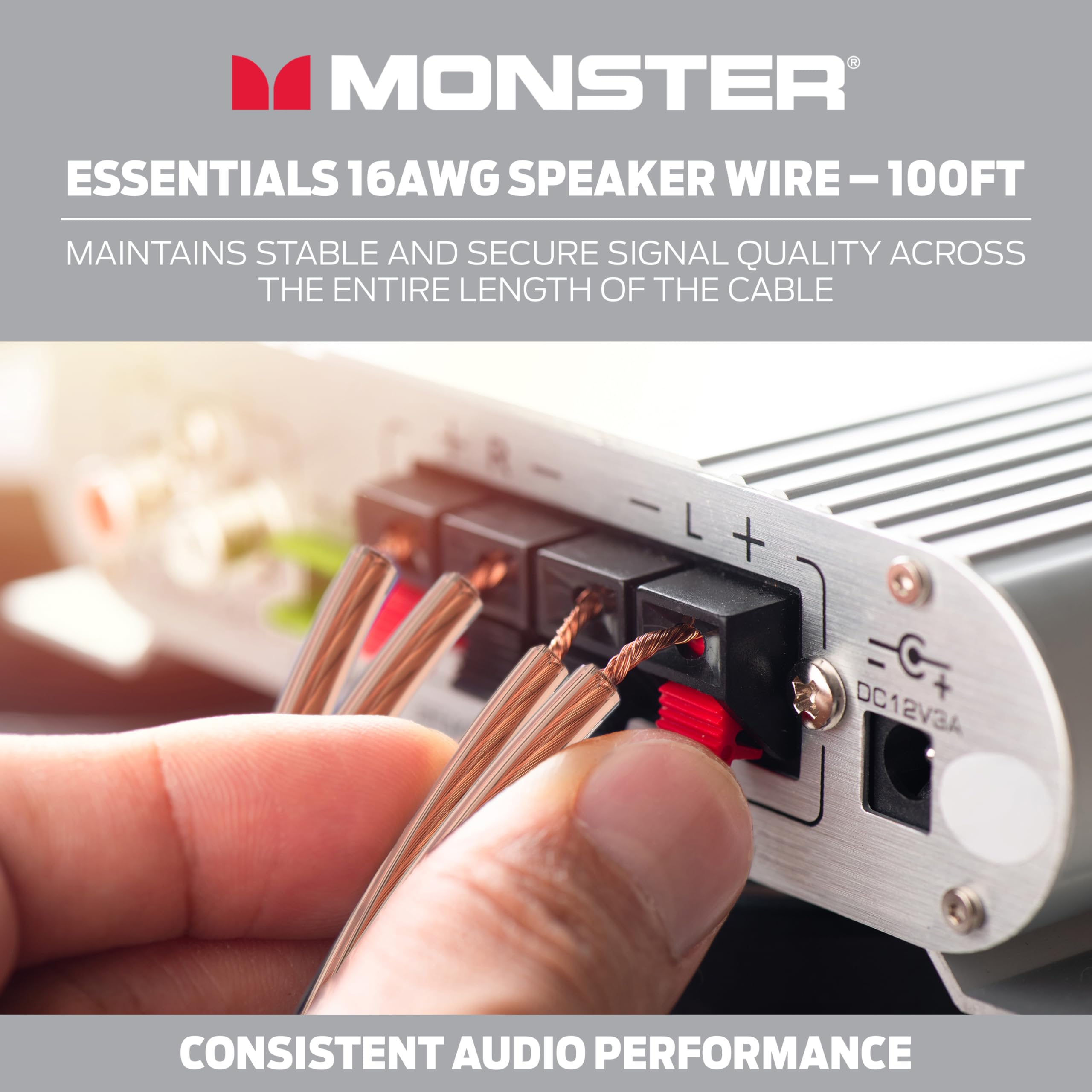 Monster Essentials High Performance Speaker Wire 16 Gauge Copper Clad Aluminum (CCA) Speaker Cable 100 FT Spool β Ideal Home Cinema Speaker Wire Cable and Car Audio Speaker Cables/Speaker Wires