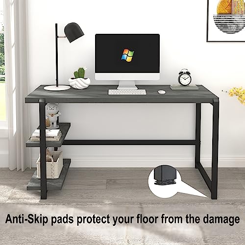 EXCEFUR Industrial Computer Desk with Shelves, 55 inch Rustic Wood and Metal Work Study Writing Table for Home Office, Grey