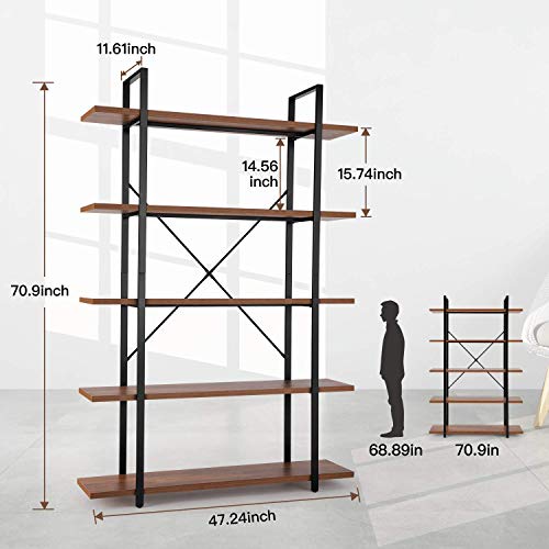 Himimi 5 Tier Bookshelf, Open Vintage Industrial Style Bookshelves and Bookcase, Etagere Bookcase with Metal Frame for Home and Office Organizer