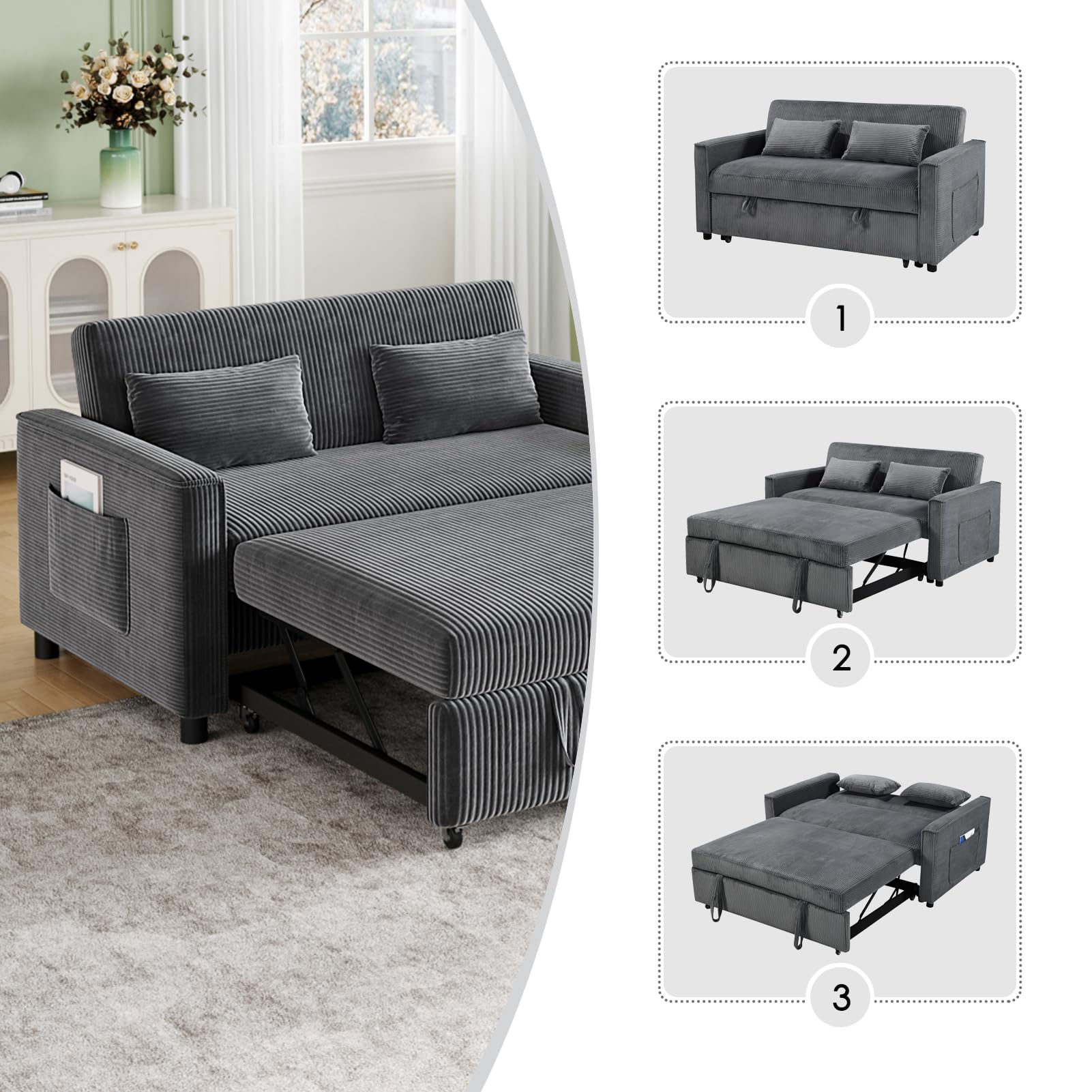 ECHINGLE 55.51" Sleeper Sofa,Corduroy Convertible Sofa Bed,Pull Out Sofa Bed with 3 Level Adjustable Backrest & Storage Pockets and 2 Toss Pillows,Modern Couch Bed for Living Room,Bedroom(Grey)
