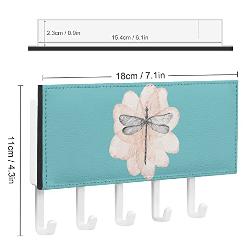 Dragonfly Pink Flower PU Leather Wall Mounted Key Hook Organizer Hanging Key Holder Decoration