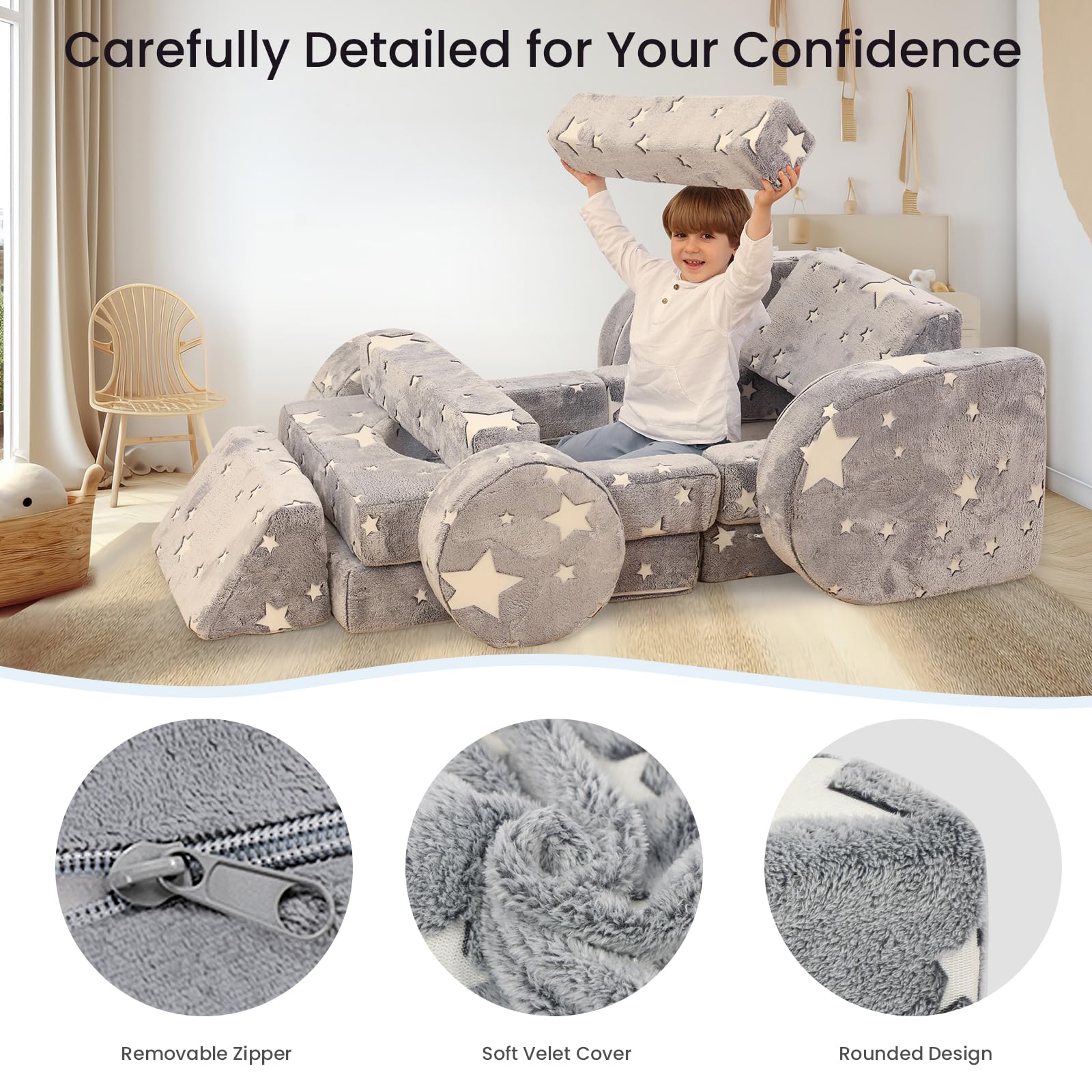 Edbuosy Modular Kids Play Couch- 12-in-1 Large Kids Sofa with Fluorescent Pattern for Playroom Bedroom Kids Couch Suitable for Playing Creativity and Sleeping for Boys and Girls-Grey Star