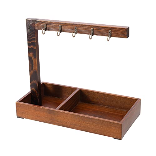 Entryway Hanging Key Holder with 5 Hooks for Desk Tabletop,Solid Wood Jewelry Storage Tray,Home Decorative Key Rack Organizer,L11.8''*W5.9''*H9.8ββ, Black Walnut