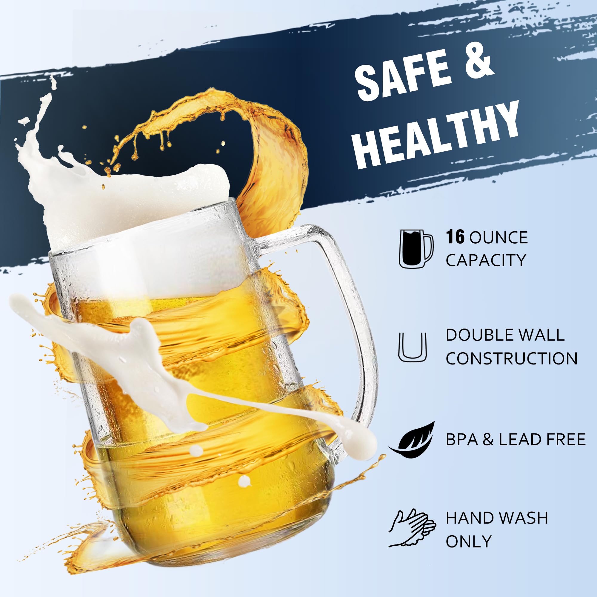 Convend Beer Mugs For Freezer,Double Wall Clear Borosilicate Glass Beer Mug with Handle,Ice Cup for Beer,Milk and Juice-16 Oz Capacity, Set of 2