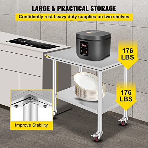 Mophorn Stainless Steel Work Table 36x24 Inch with 4 Wheels Commercial Food Prep Worktable with Casters Heavy Duty Work Table for Commercial Kitchen Restaurant