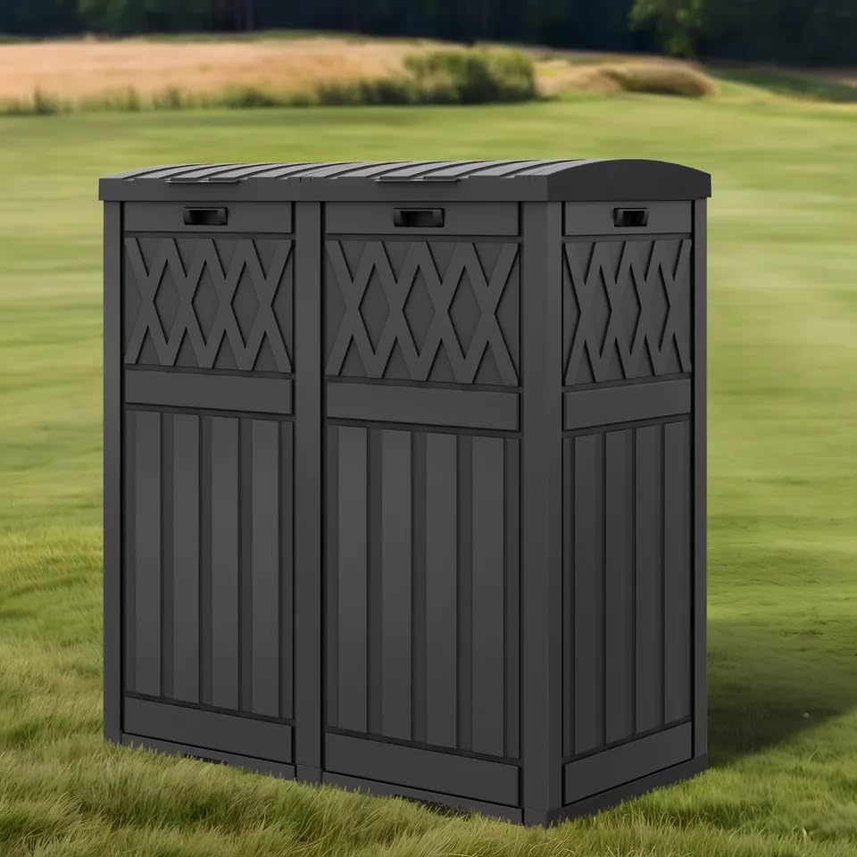 Denominate Outdoor Garbage Bin Trash Can Tray Dual Waste Deck Porch Yard 62 Gallon Capacity Large Black Receptacle Storage
