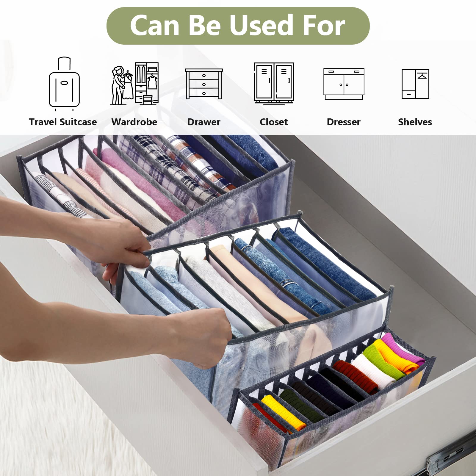 Topcci 7 Grids Wardrobe Clothes Organizer, Clothes Organizer for Folded Clothes, Drawer Organizers Clothes, Visualization Compartment Storage Box for Thin Jeans, Pants, T-shirts, Leggings, Gray, 3PCS