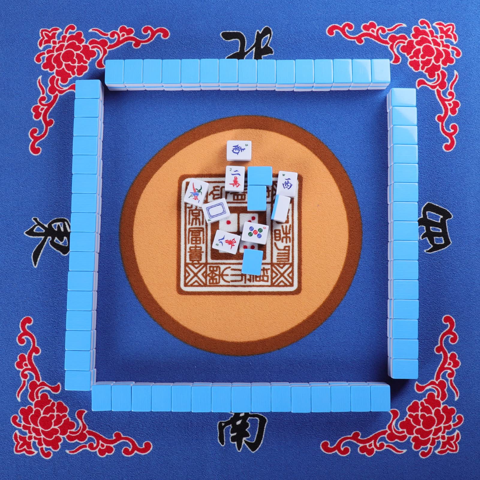 GUSTARIA Mahjong Mat with 3 Dice & Carrying Bag, Anti Slip and Noise Reduction Mahjong Table Mat for Poker, Card, Board & Tile Games (Blue, 31.5 inches)