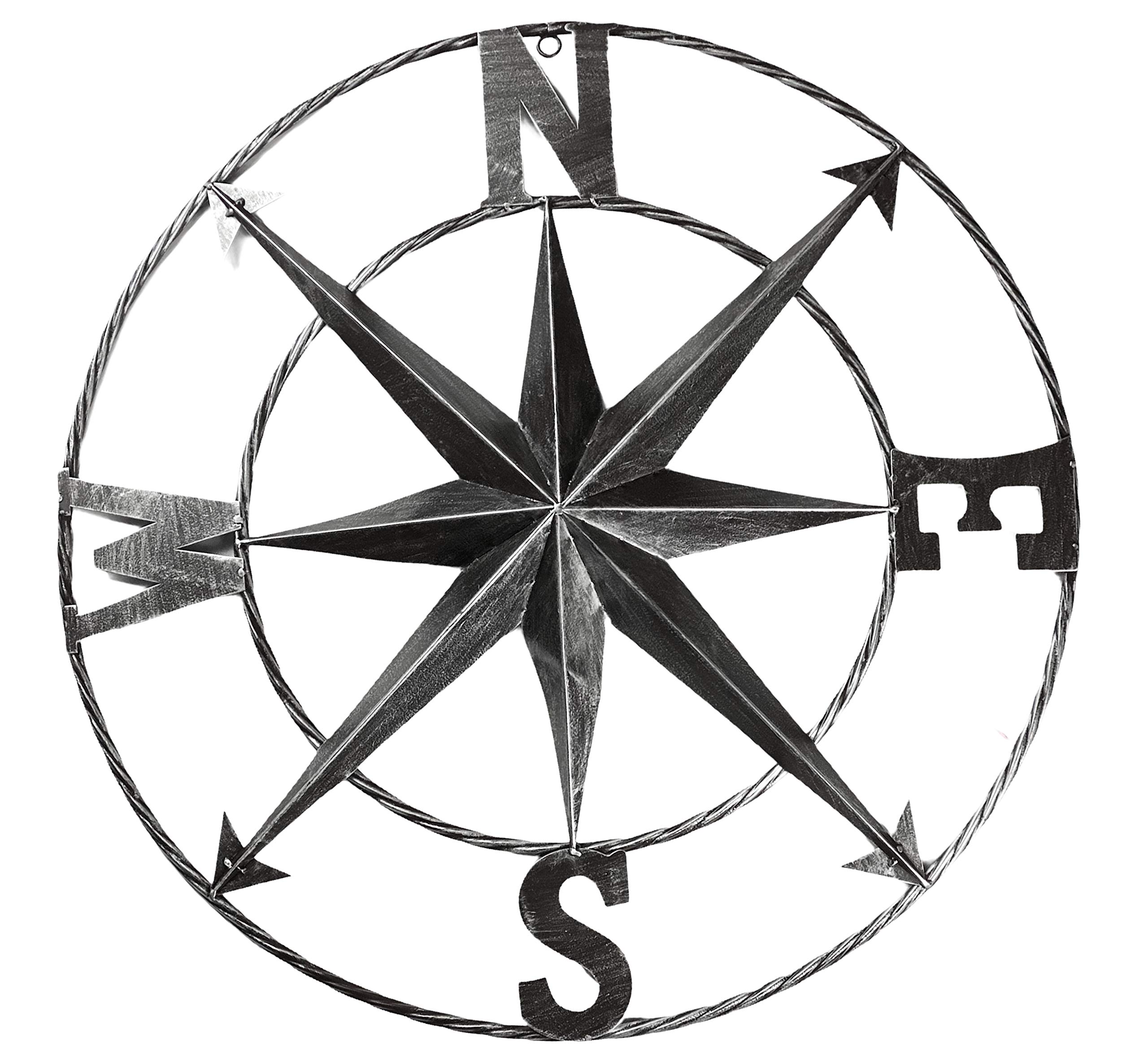 Urbalabs 24 Distressed Metal Wall Art Compass Home Nautical Decor Metal Art Decoration Bedroom Living Room Garden Office Wall Hanging Beach Decor Compass Rose Silver and Black (24)
