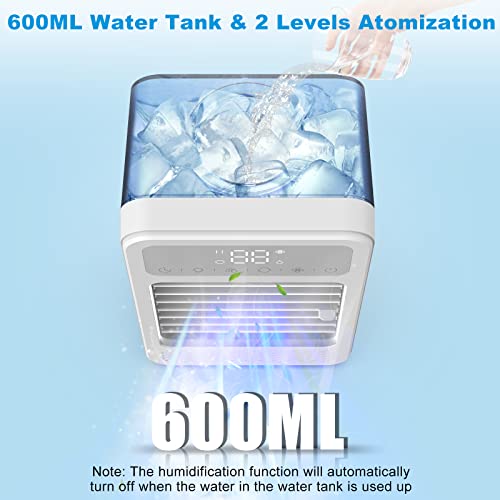 Personal Air Cooler, 90° Oscillated Evaporative Portable Air Conditioners, 5 Wind Speeds Quiet Mini Air Conditioner with Gradient Color Light/Humidifier/1-8H Timing for Desktop Home Office 600ML