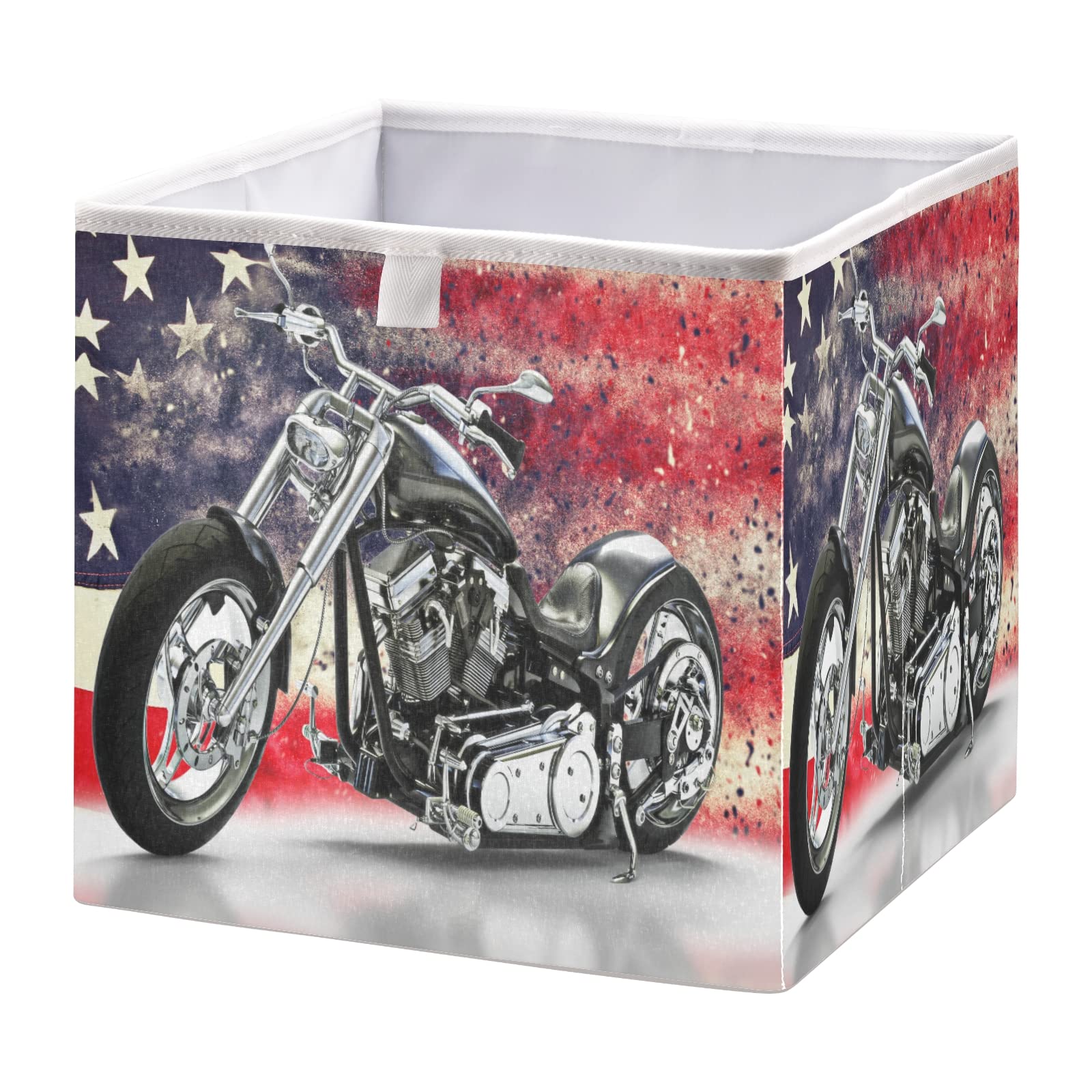 Poeticcity Retro Black Motorcycle with Vintage Old American Flag Background Square Storage Basket Bin, Collapsible Storage Box, Foldable Nursery Baskets Organizer for Toy, Clothes Easy to Assemble