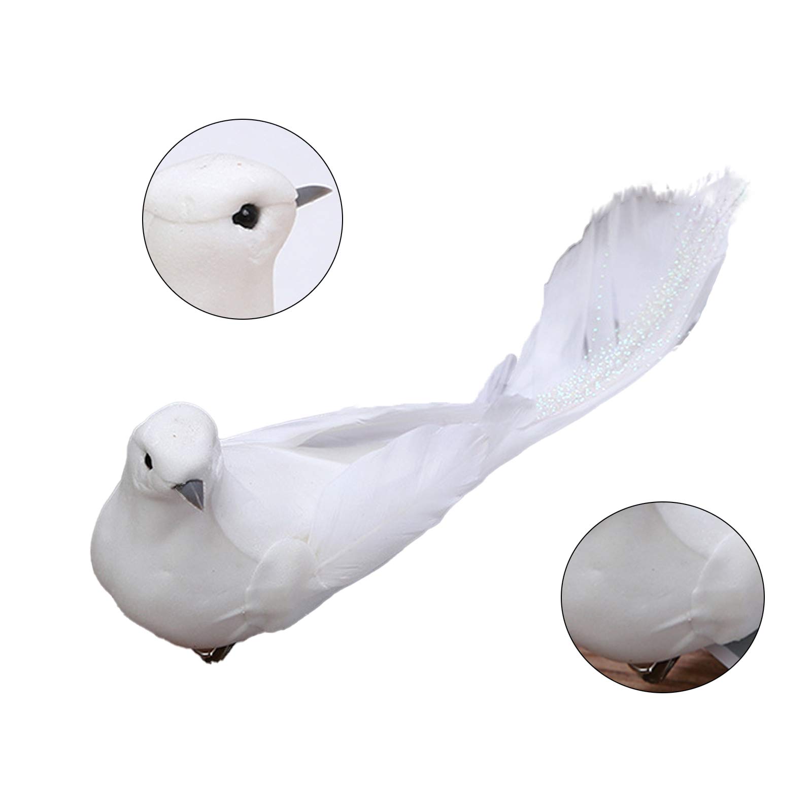 OHJ Artificial Feathered White Birds,Long Tail Artificial White Pigeon,Simulation Foam Craft Birds with Clips-on Christmas Tree Ornament Decorative Fake Doves,for Home Garden Wedding Decor (Pack of 6)