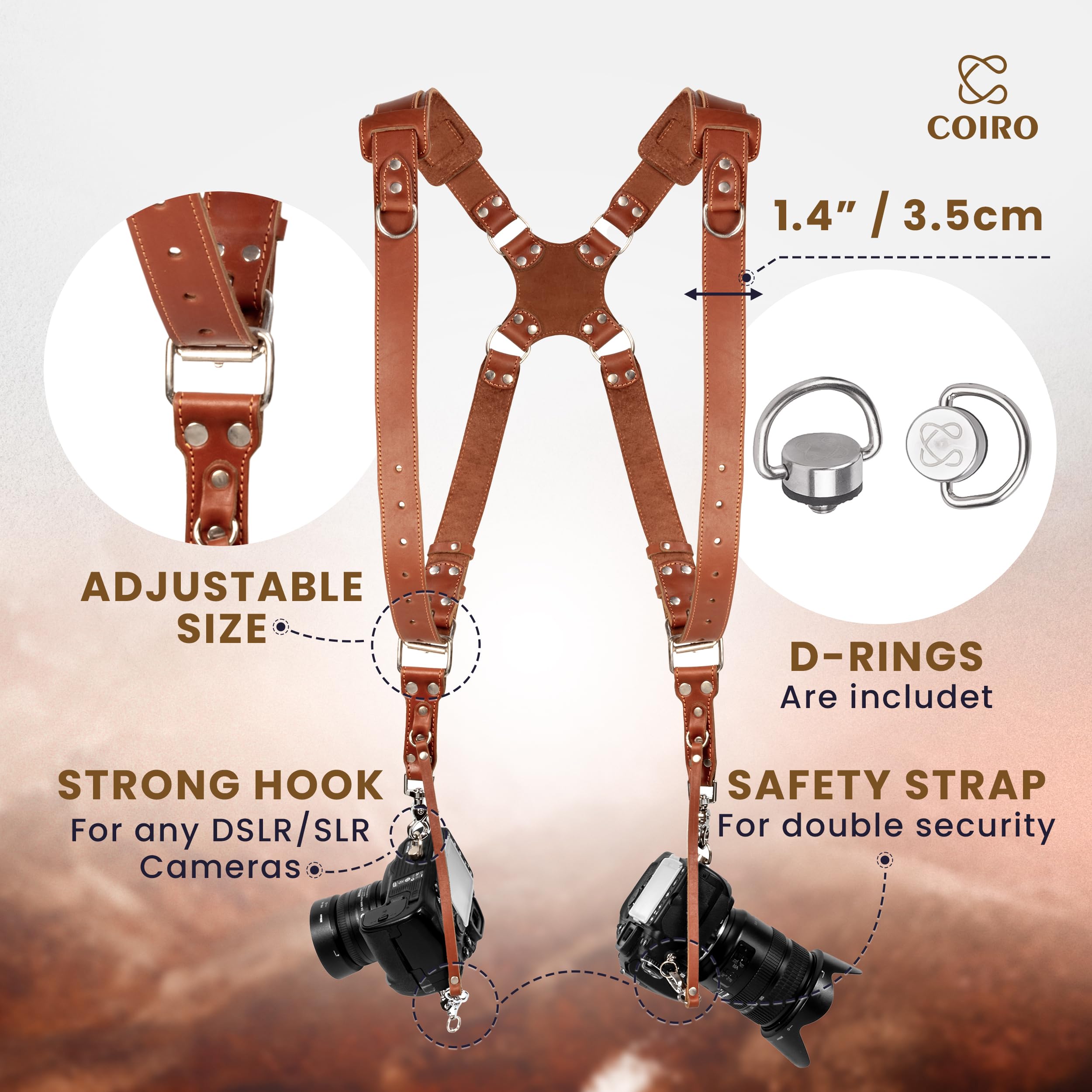 C Coiro Camera Harness for 2 Cameras β Dual Shoulder Leather Camera Strap β Double Camera Harness for DSLR/SLR, Camera Straps for Photographers of All Levels, Padded Straps/Color Tan