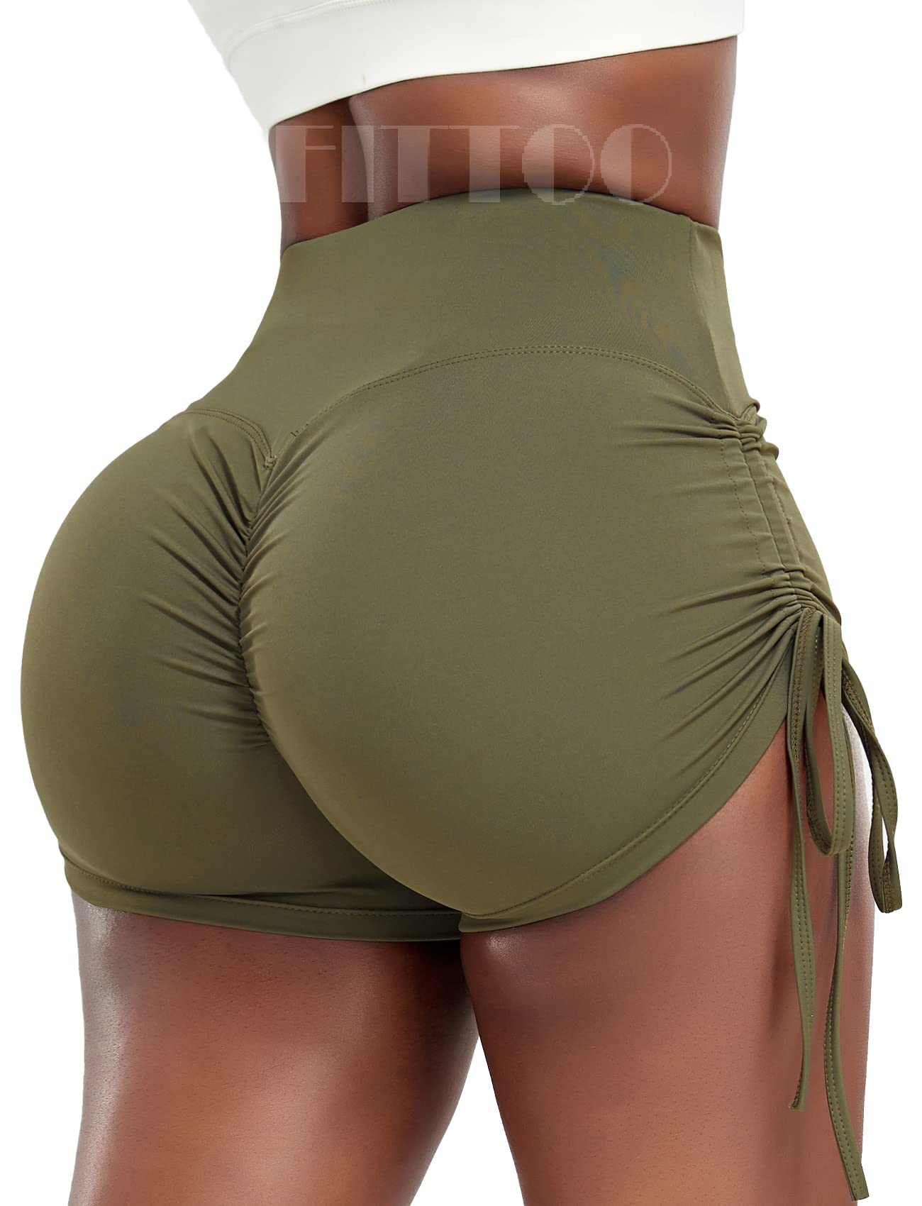 COLO Women's High Waisted Butt Lifting Shorts Workout Yoga Tummy Control Ruched Booty Lift Drawstring Shorts Running Shorts Green S