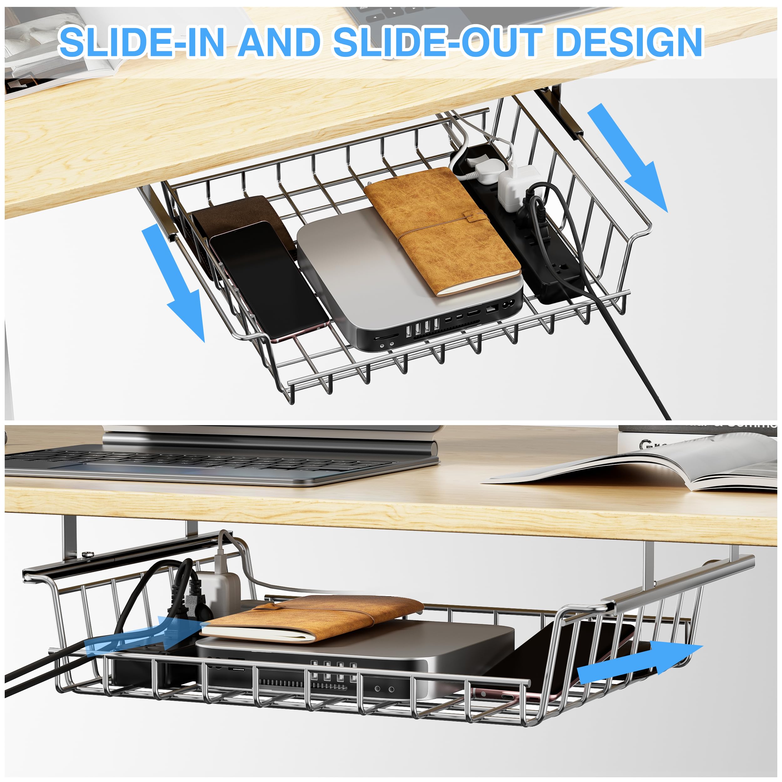 BIWIST Under Desk Storage Shelf 1 Pack, Under Desk Cable Management Slide Out, Metal Under Desk Drawer Tray Basket, Large Drill Under Desk Cord Organizer And Under Table Storage For Home Offices