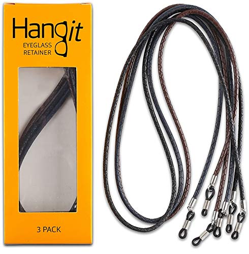 Avitron HANGIT, Elegant Eyeglass, Sunglass Strap-Chain-Retainer, Sports Band, 3 Pack (blue black brown - PU Leather For Men Women By HANGIT