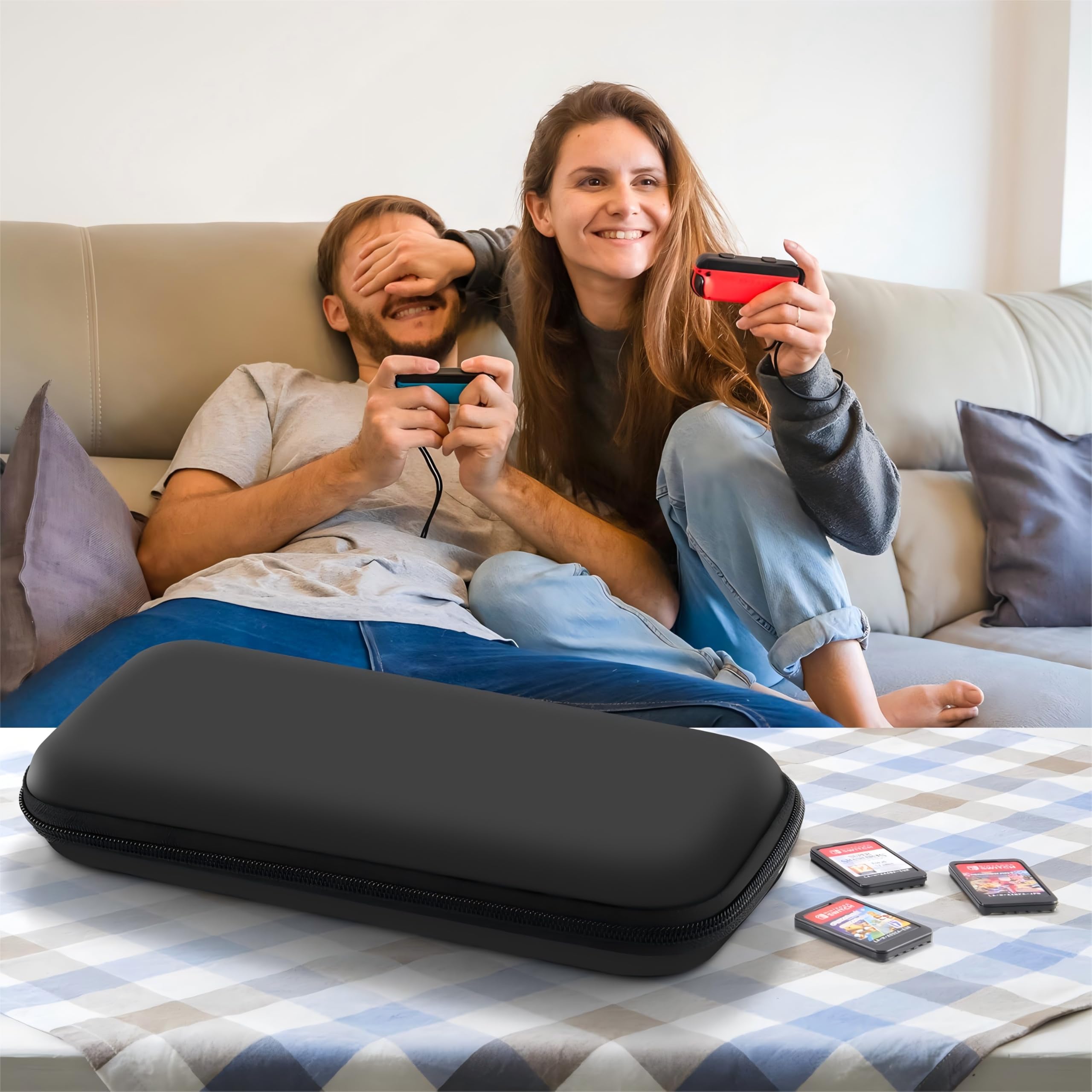 Bheddi Switch Carrying Case fits Switch/Switch OLED - Hard Shell Protective Portable Travel Carry Case with 10 Game Card Slots and 2 Tempered Glass Screen Protectors (Black-Dex)