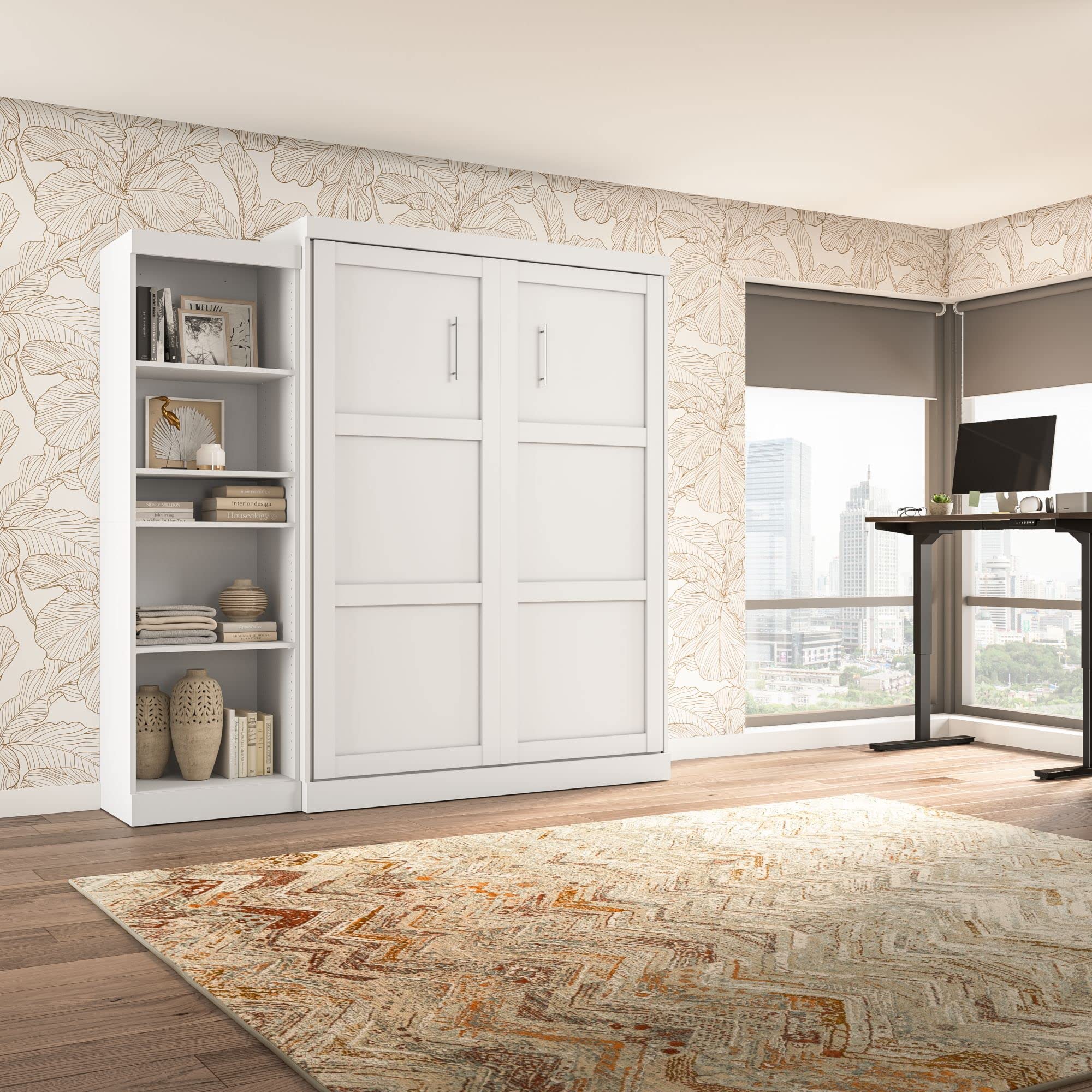 Bestar Pur Queen Murphy Bed with Shelving Unit, 90-inch Space-Saving Sleeping Arrangement for Multipurpose Area, Bedroom, Guest Room, or Living Room