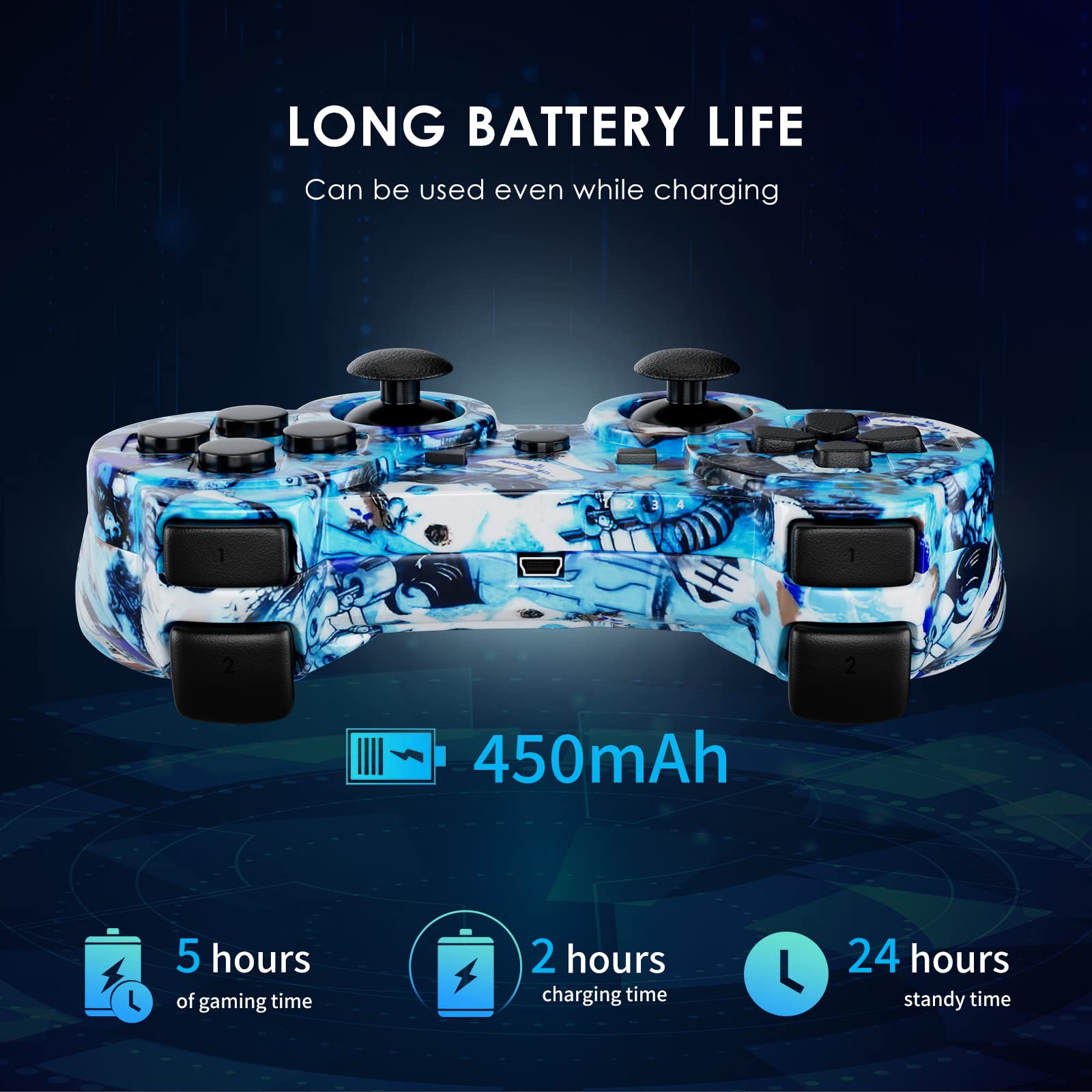 Boowen Wireless Controller for PS3, Controller for Sony PlayStation 3, 6-Axis High-Performance Motion Sense Dual Vibration Upgraded Gaming Controller, Compatible with PlayStation 3(Cyberpunk+Wolf)