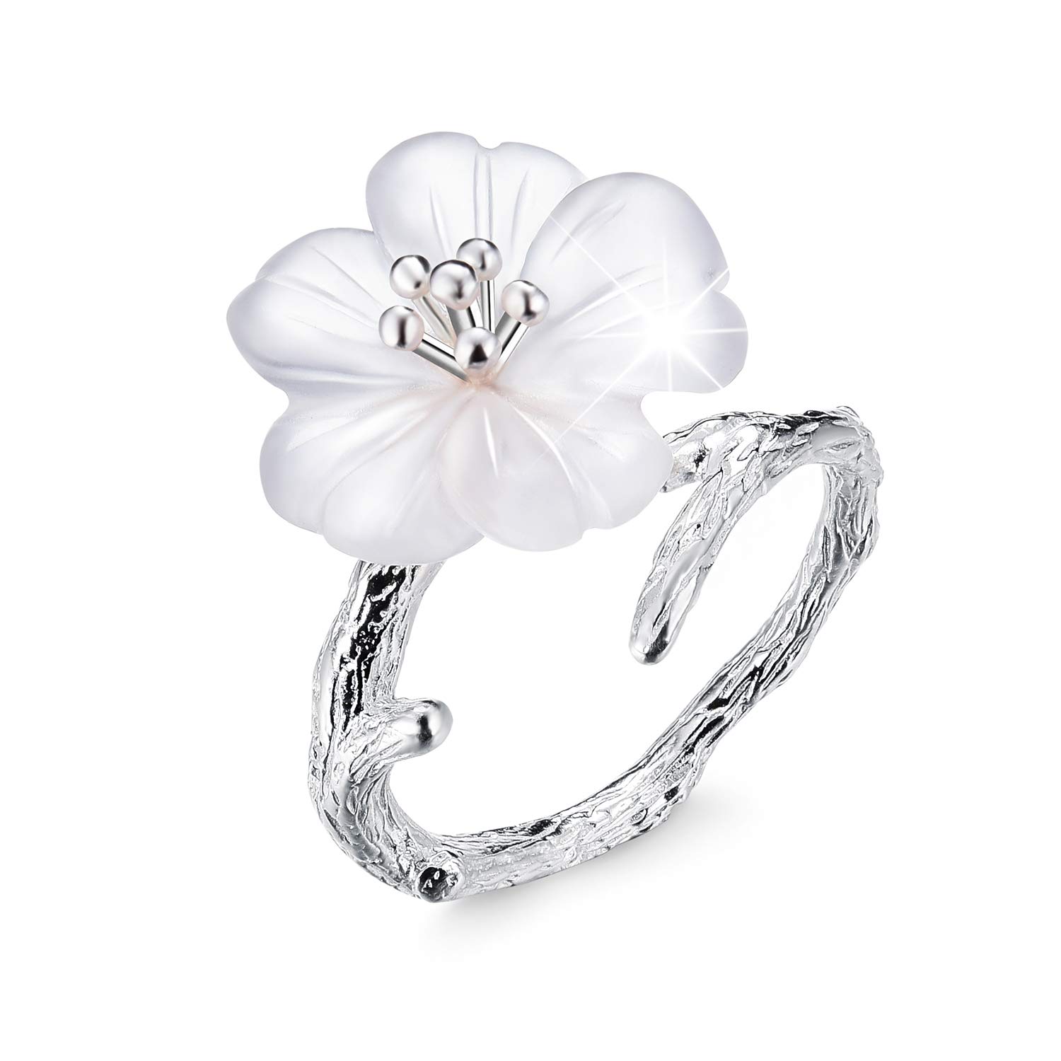 Lotus Fun S925 Sterling Silver Ring Flower in the Rain Open Simulated Crystal Ring Handmade Jewelry Unique Gifts for Women (Silver)