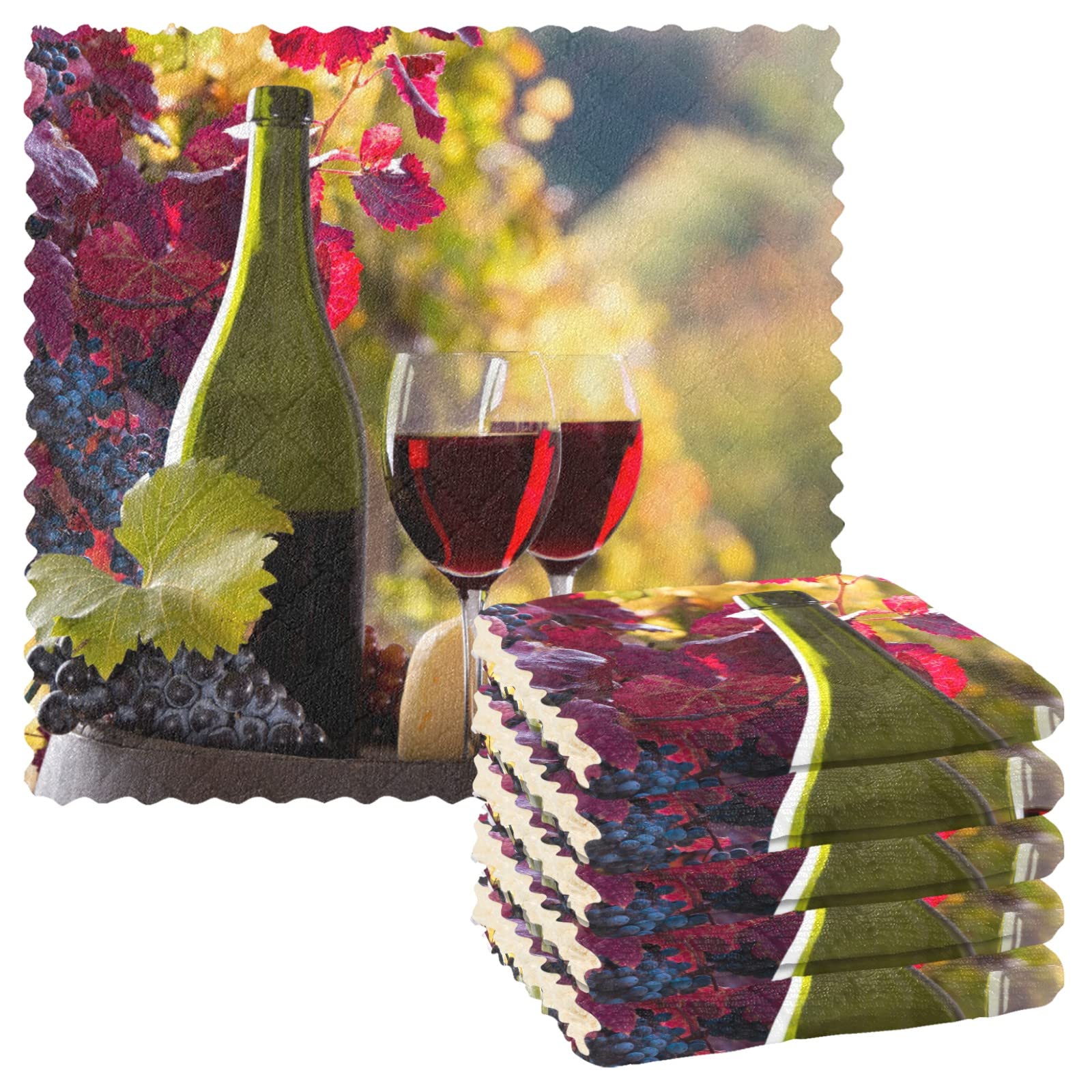 BOENLE Dish Towels Set of 6, Wine Glass Vine of Grapes Kitchen Drying Dishes Dishcloths Cotton Hanging Absorbent Rags Funny Decorative