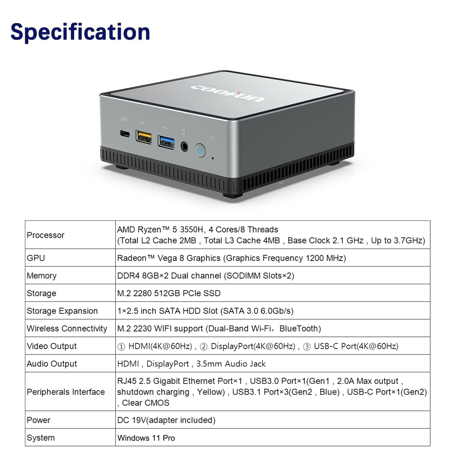 COOFUN UM350 Mini PC AMD Ryzen 5 3550H 4 Cores/8 Threads | 16 GB RAM 512 GB PCIe SSD Mini Computer | Radeon Vega 8 Graphics | Dual-Band Wi-Fi Bluetooth | 4K HDMI/DP/USB-C| 4X USB Port