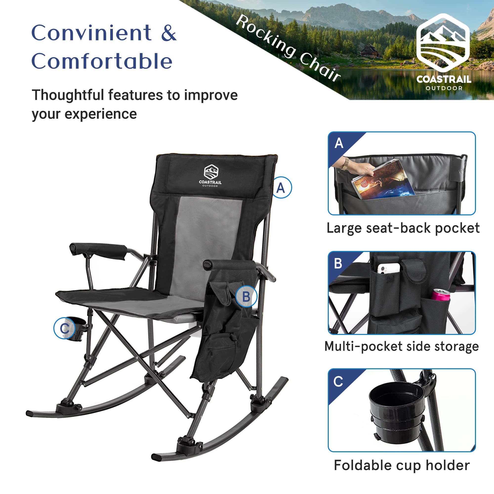 Coastrail Outdoor Folding Rocking Camping Chair High Back Padded Lawn Chair with Foldable Cup Holder, Side Storage, Back Pocket for Camping Hiking Heavy Duty 350lbs Weight Capacity, Black, Large