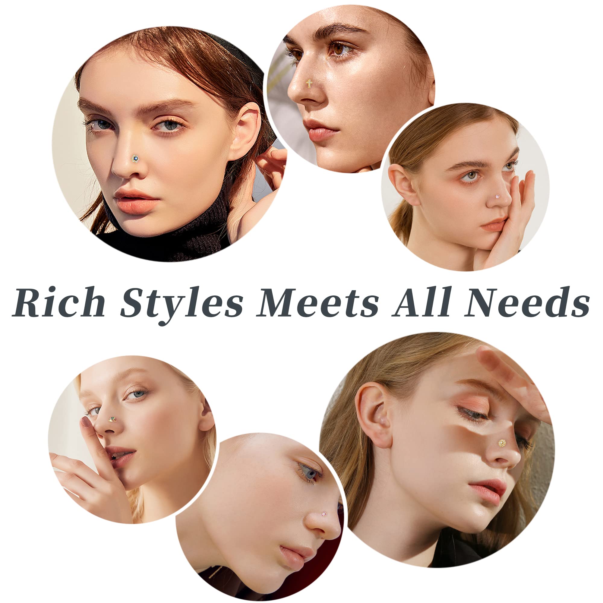 Besteel 12PCS Nose Ring Studs for Women 20G Stainless Steel L Shaped Nose Rings CZ Nose Studs Assorted Nose Piercing Jewelry Gold-tone