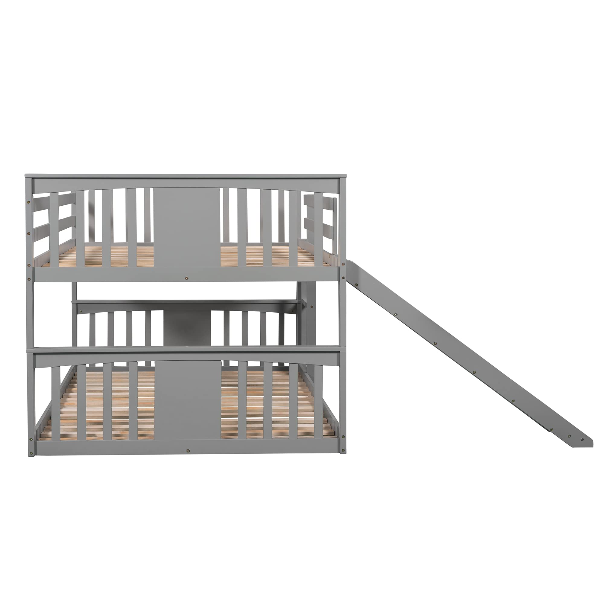 BIADNBZ Full Over Full Low Bunk Bed with Slide and Ladder, Wooden Floor Bunkbeds Frame for Kids Bedroom, Gray