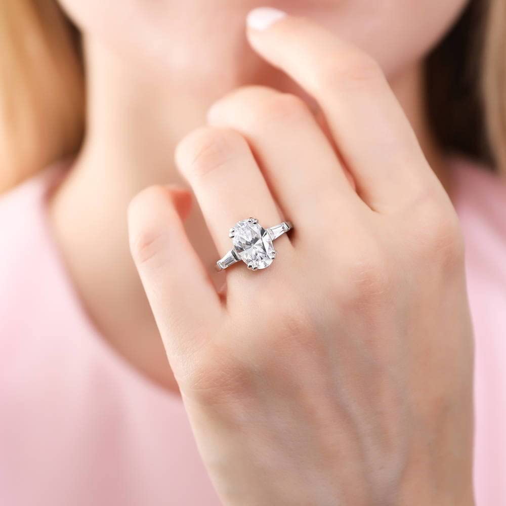 BERRICLE Sterling Silver 3-Stone Wedding Engagement Rings Oval Cut Cubic Zirconia CZ Anniversary Ring for Women, Rhodium Plated Size 9