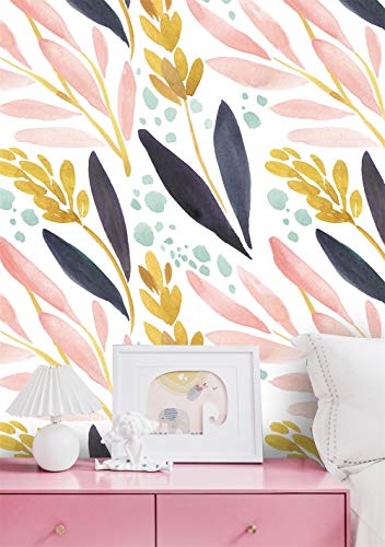 HAOKHOME 93027 Watercolor Forest Peel and Stick Wallpaper Removable White/Pink/Navy/Yellow Floral Vinyl Self Adhesive Shelf Liner 17.7in x 9.8ft