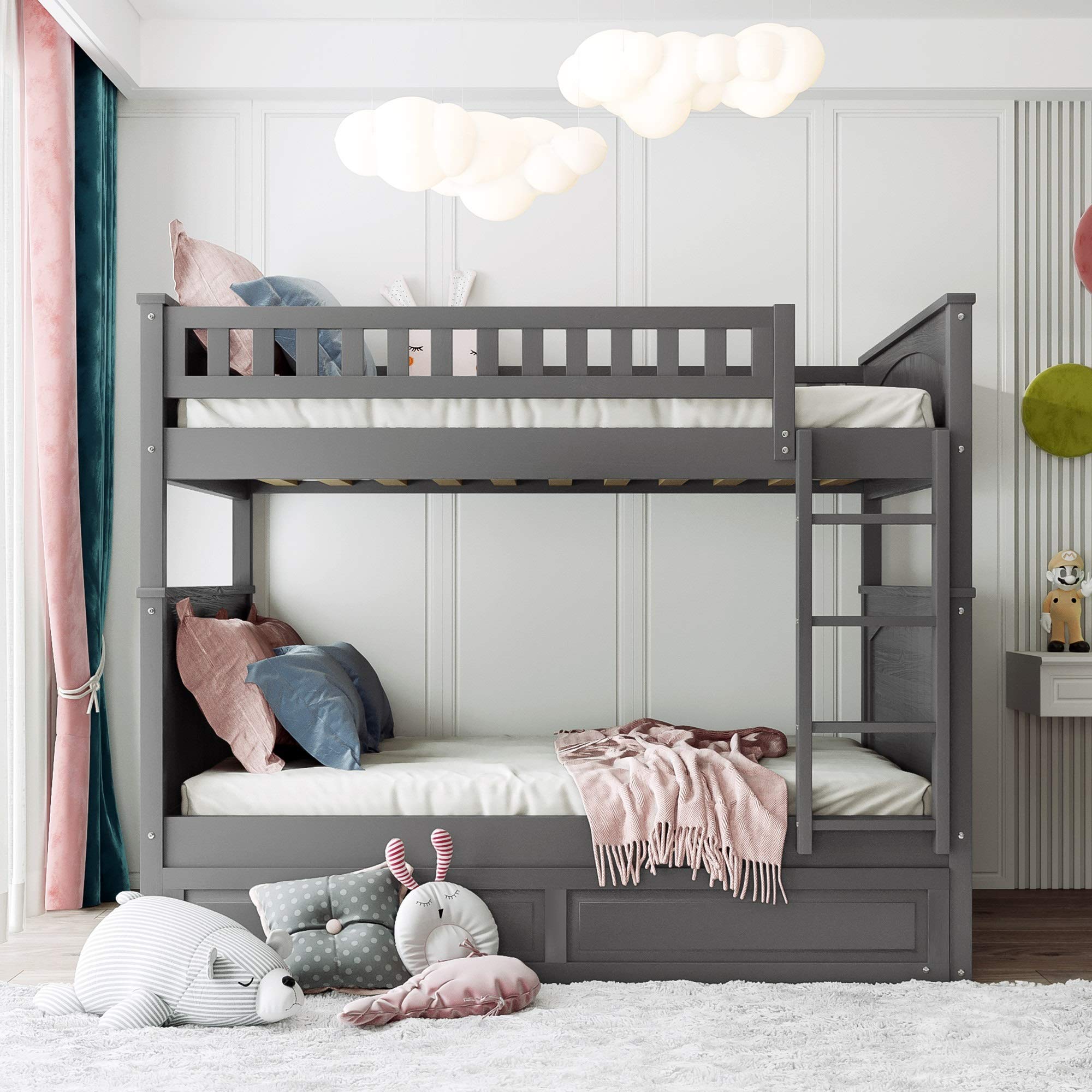 BIADNBZ Full-Over-Full Bunk Bed with Twin Size Trundle, Ladders and Full-Length Guardrail,Solid Pine Wood Bedframe for Bedroom Dorm, for Kids Teens,No Box Spring Needed,Brushed Gray